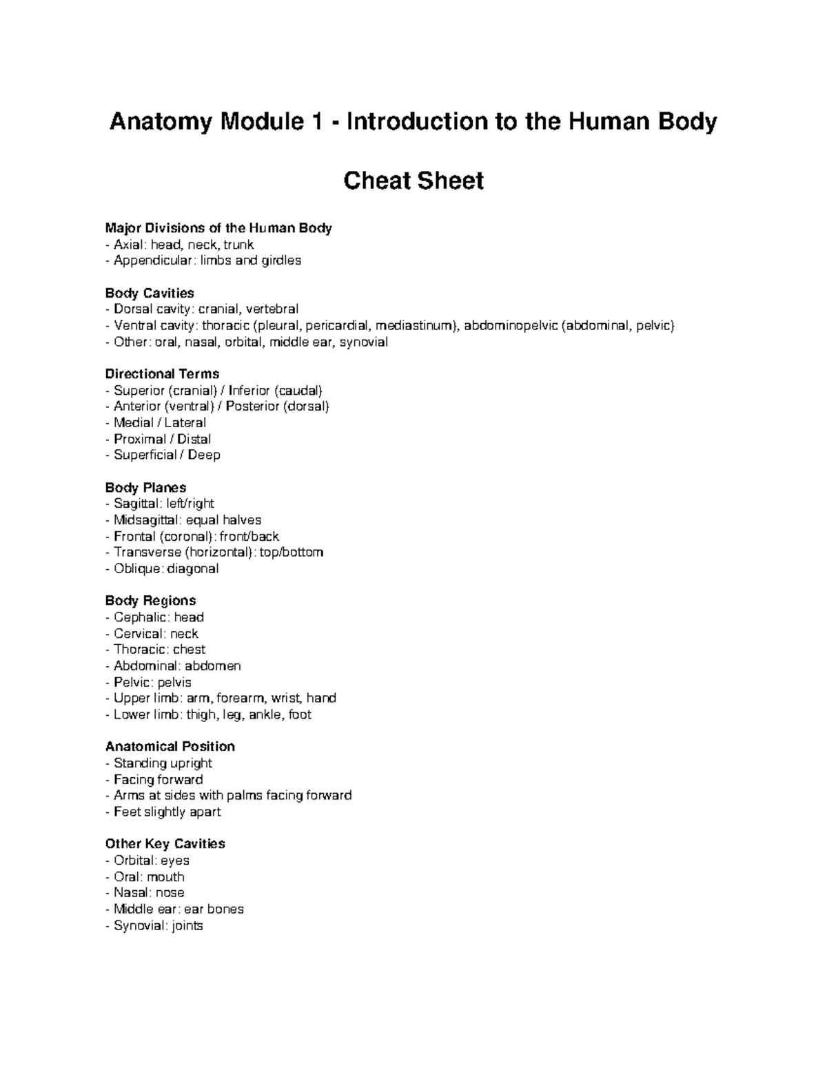Anatomy Module 1: Human Body Overview Cheat Sheet - Studocu