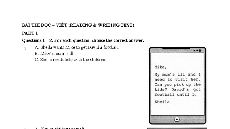 BÀI THI ĐỌC VIẾT (READING WRITING TEST) PART 1 & 3 Questions 1-20 - Studocu