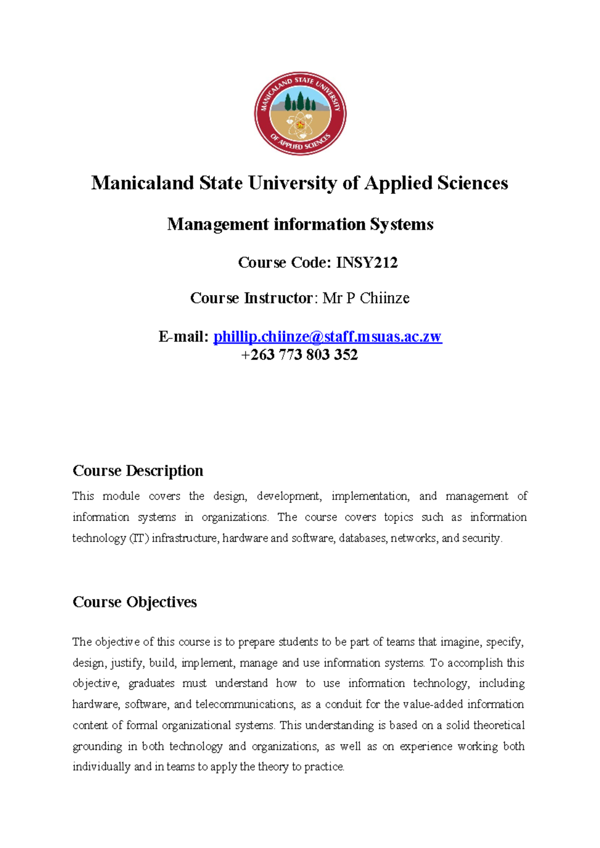 INSY212 Management Information Systems Course Outline and Content - Studocu