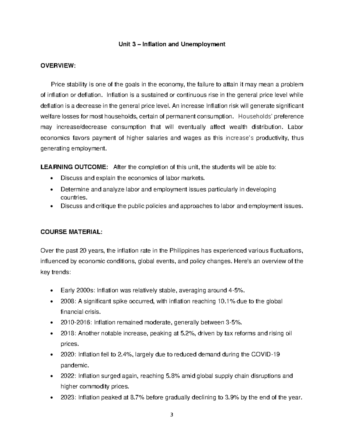 Unit 3: Understanding Inflation and Unemployment Dynamics - Studocu