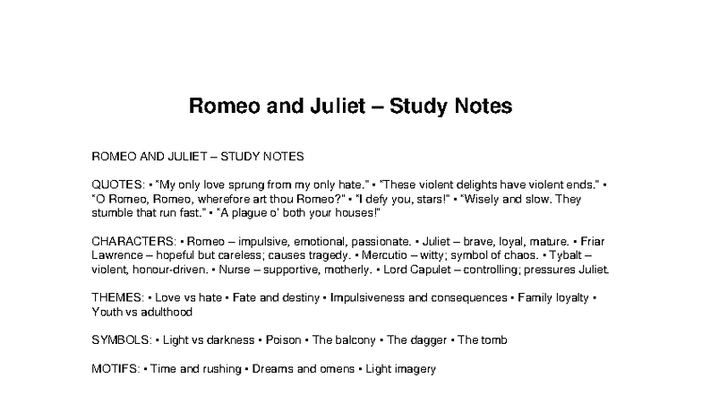 Romeo and Juliet Study Notes: Key Quotes, Characters, and Themes - Studocu