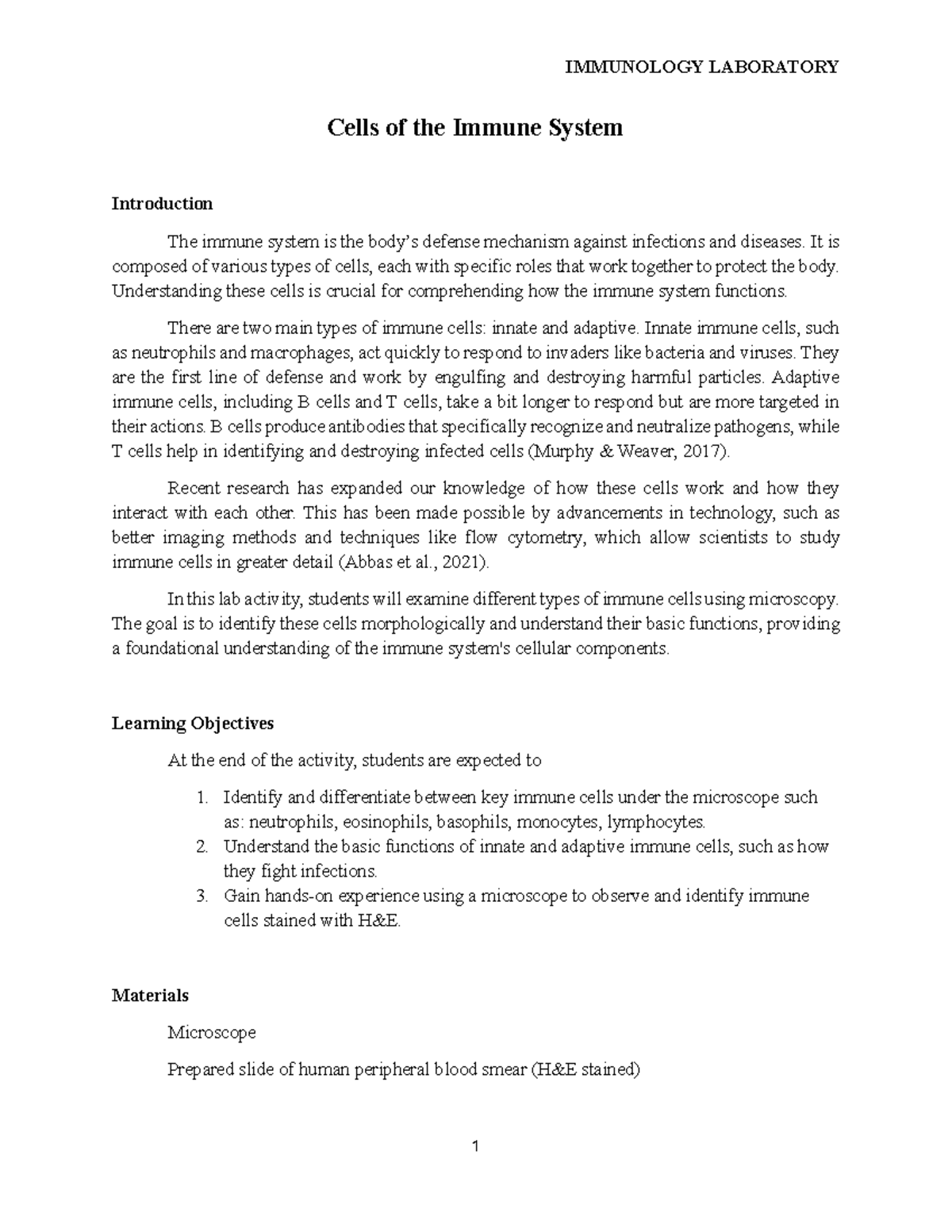 Activity 1 Cells of the Immune System - IMMUNOLOGY LABORATORY 1 Cells ...