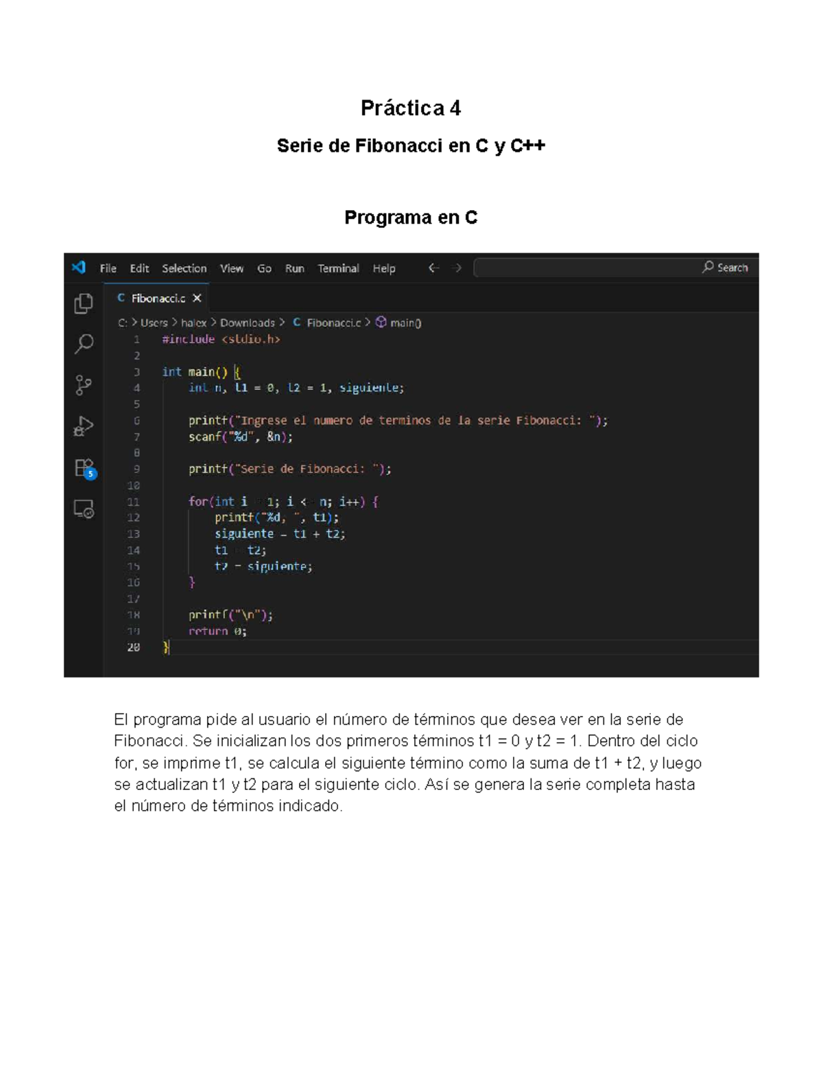 Práctica 4 - Serie de Fibonacci en C y Laboratorio de Programación ...