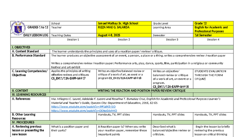 EAPP Grade 12 Daily Lesson Log: Writing Reaction Papers (Aug 2025 ...