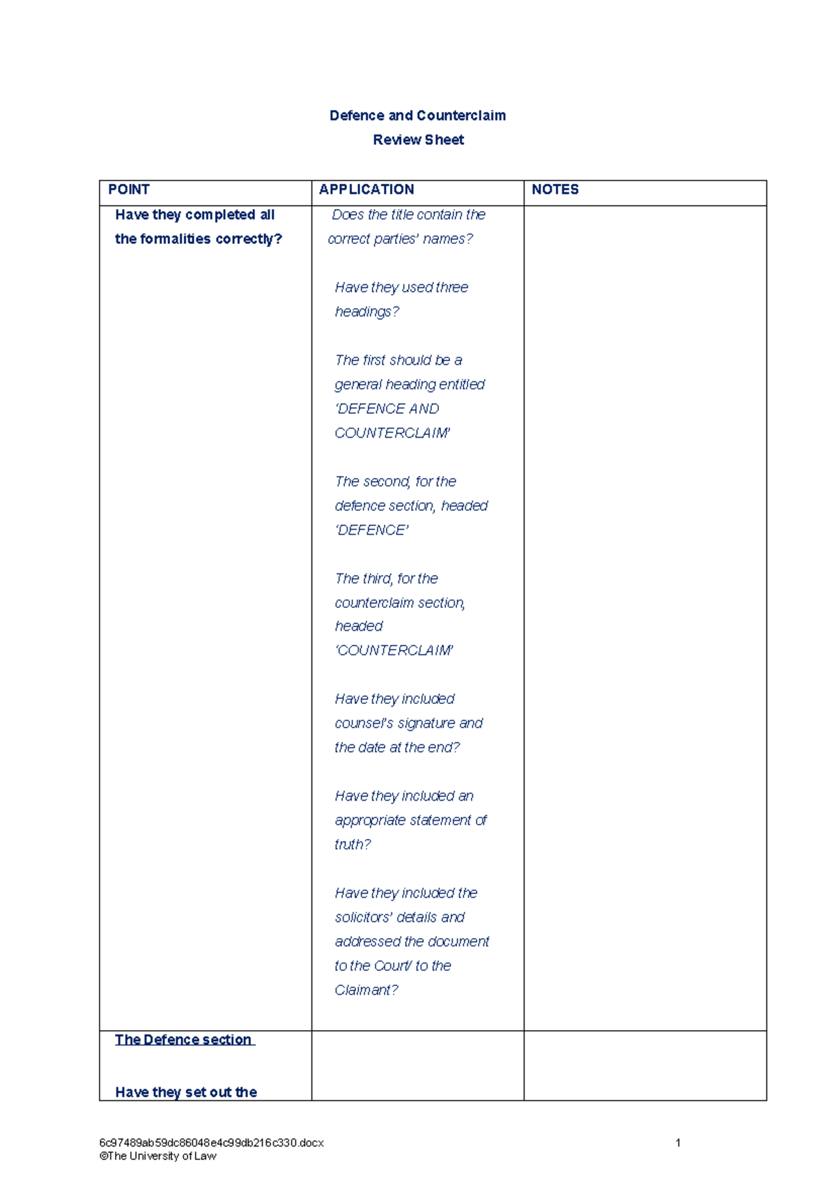 Defence and Counterclaim Checklist - University of Law - Studocu