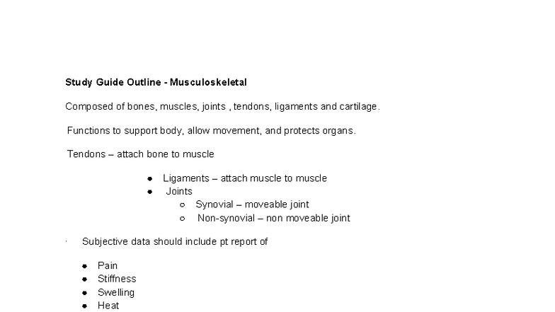 Musculoskeletal Study Guide Outline for Nursing 101 - Studocu