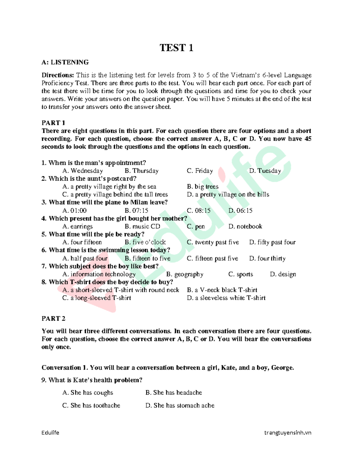 TEST 1 A: LISTENING & READING for Language Proficiency Levels 3-5 - Studocu