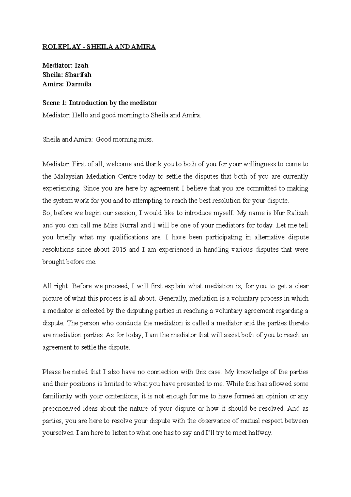 ADR - Mediation Roleplay Script: Sheila vs. Amira Session - Studocu