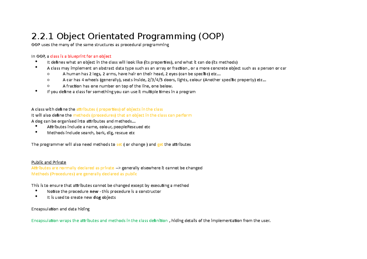 Summary of Object Oriented Programming - 2.2 Object Orientated ...