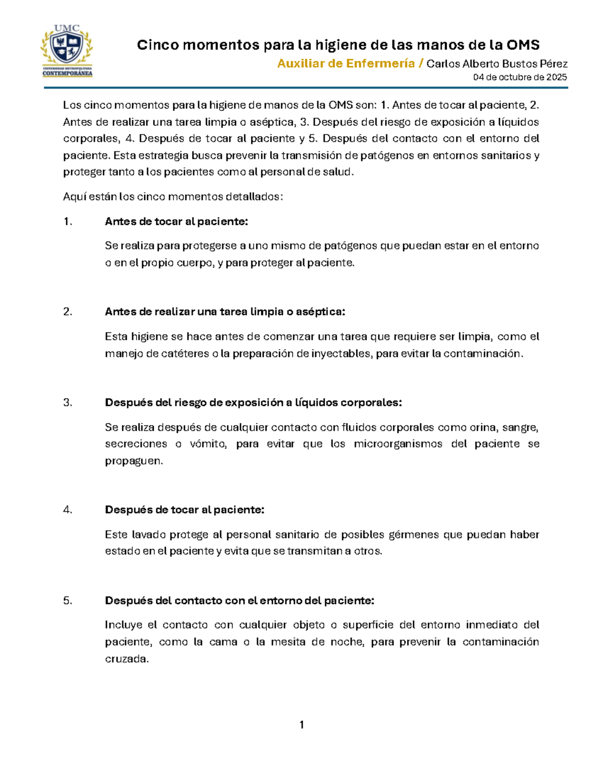 5 Momentos para la Higiene de Manos - OMS (Aux. Enfermería) - Studocu