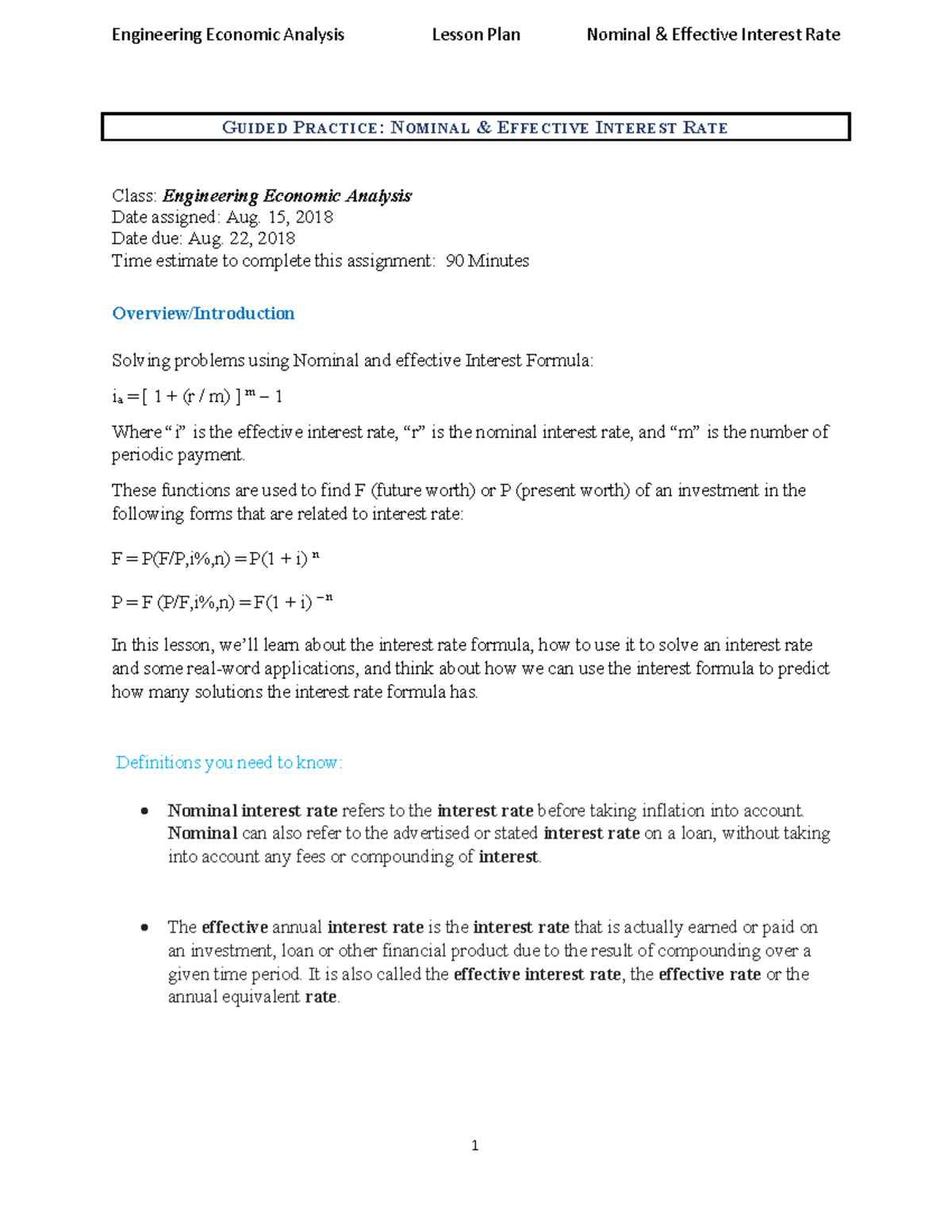 Engineering Economic Analysis Lesson Plan: Nominal vs Effective ...