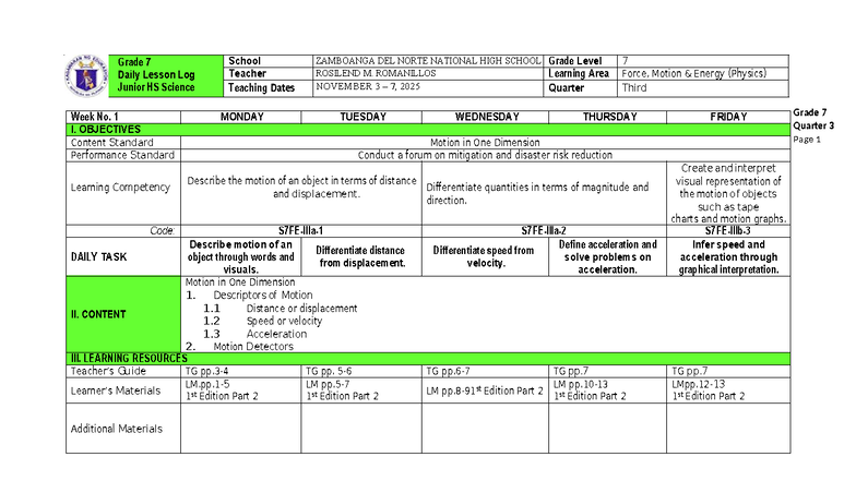 Grade 7 Science Daily Lesson Log: Week 1 (Quarter 3) - Studocu