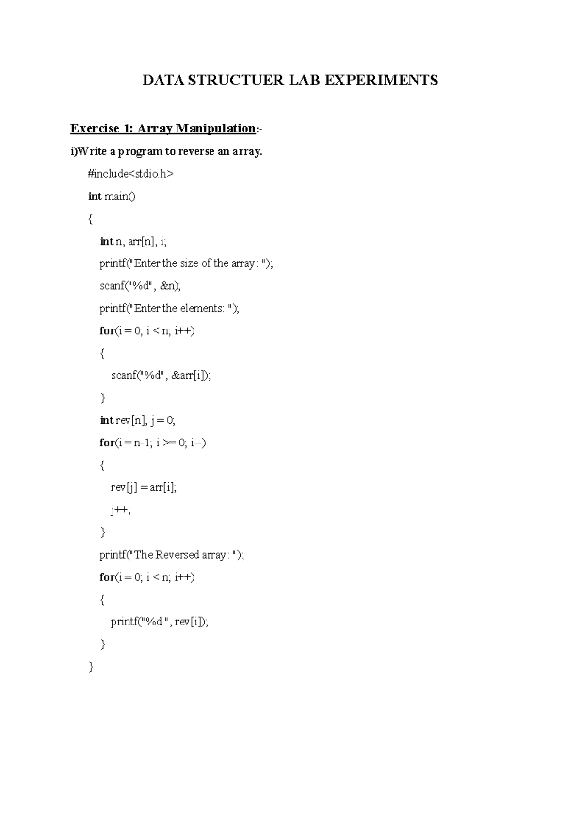 DATA STRUCTURE LAB (CS101) - Key Programs & Exercises Overview - Studocu