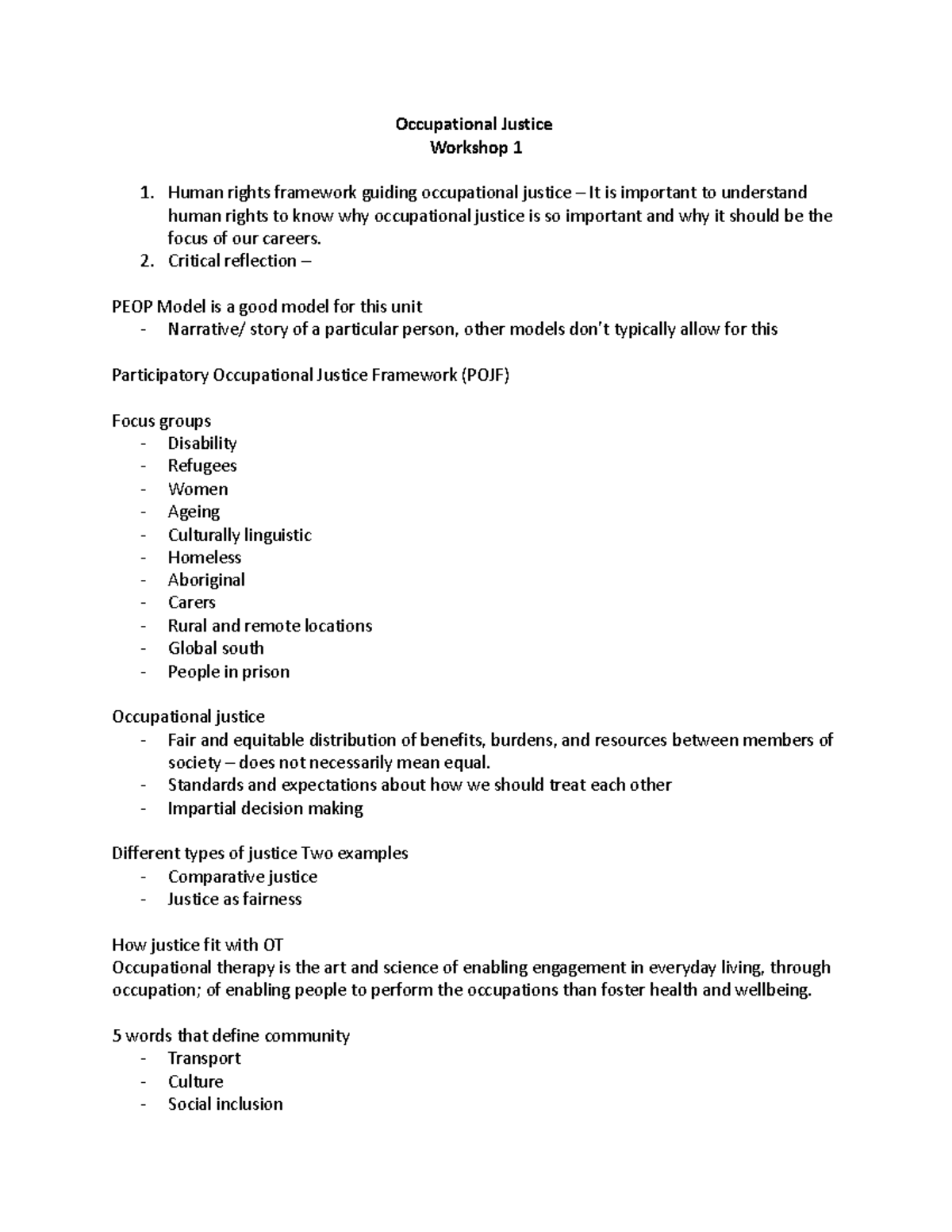 Occupational Justice Workshop Notes: Insights on PEOP Model and ...