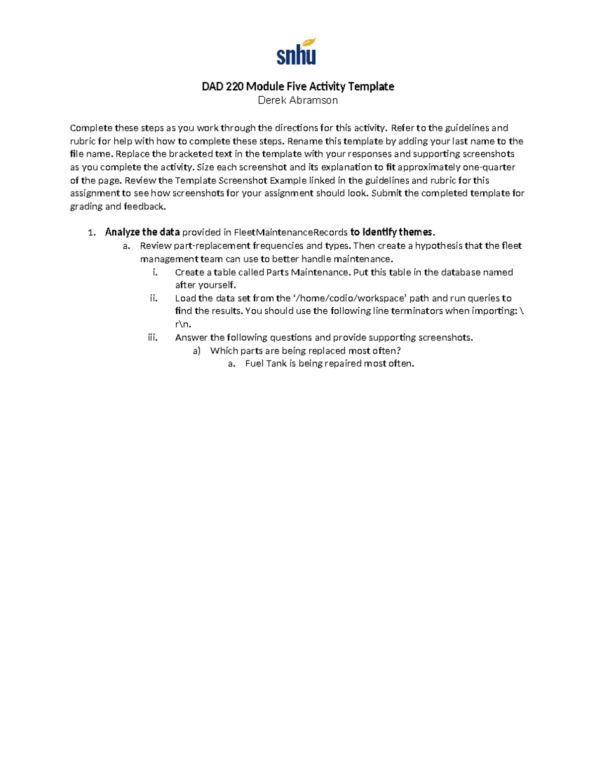 DAD 220 Module 5 Activity Template Analysis - Abramson - Studocu