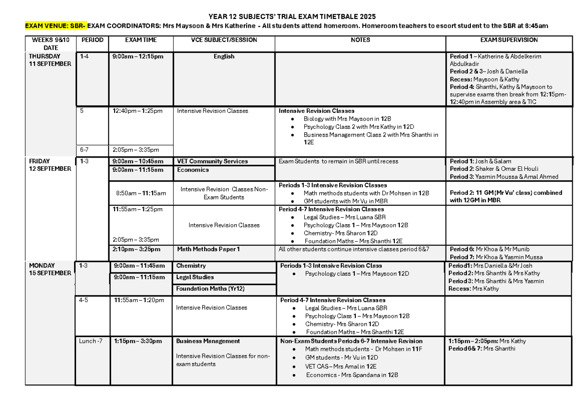 VCE Year 12 Trial Exam Timetable 2025 - Studocu