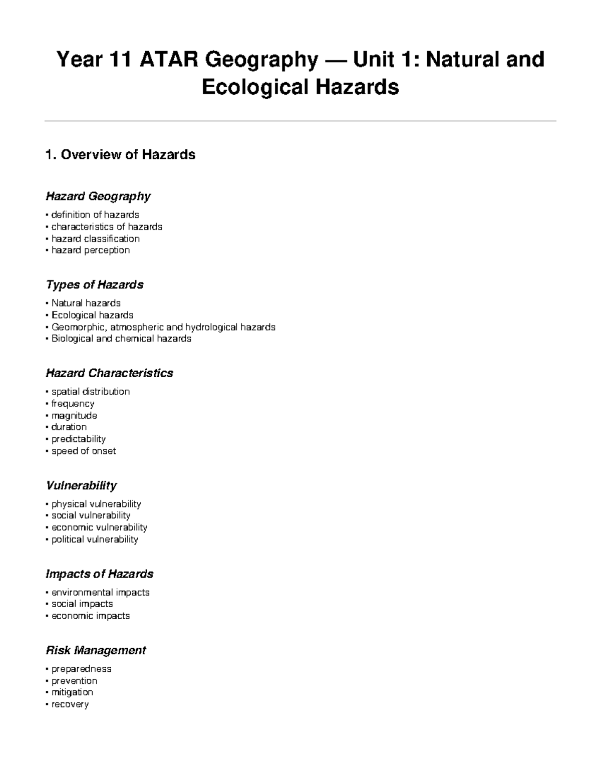 Year 11 ATAR Geography: Natural and Ecological Hazards - Studocu