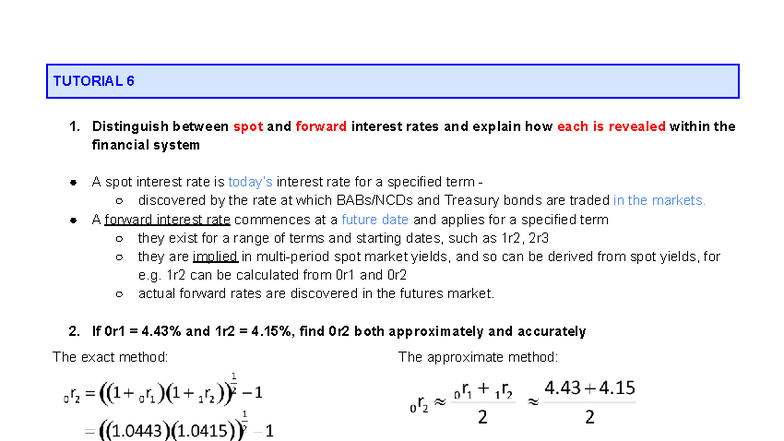 TUTORIAL 6 & 9: Spot vs Forward Interest Rates & Financial System ...