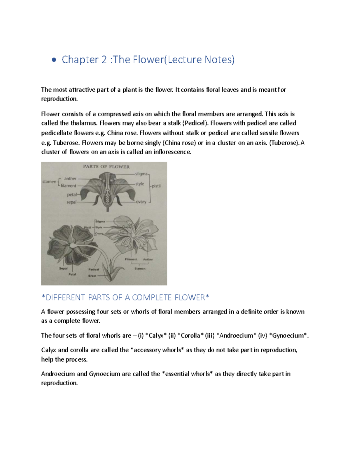 Chapter 2: The Flower (Lecture Notes) - Structure & Pollination - Studocu