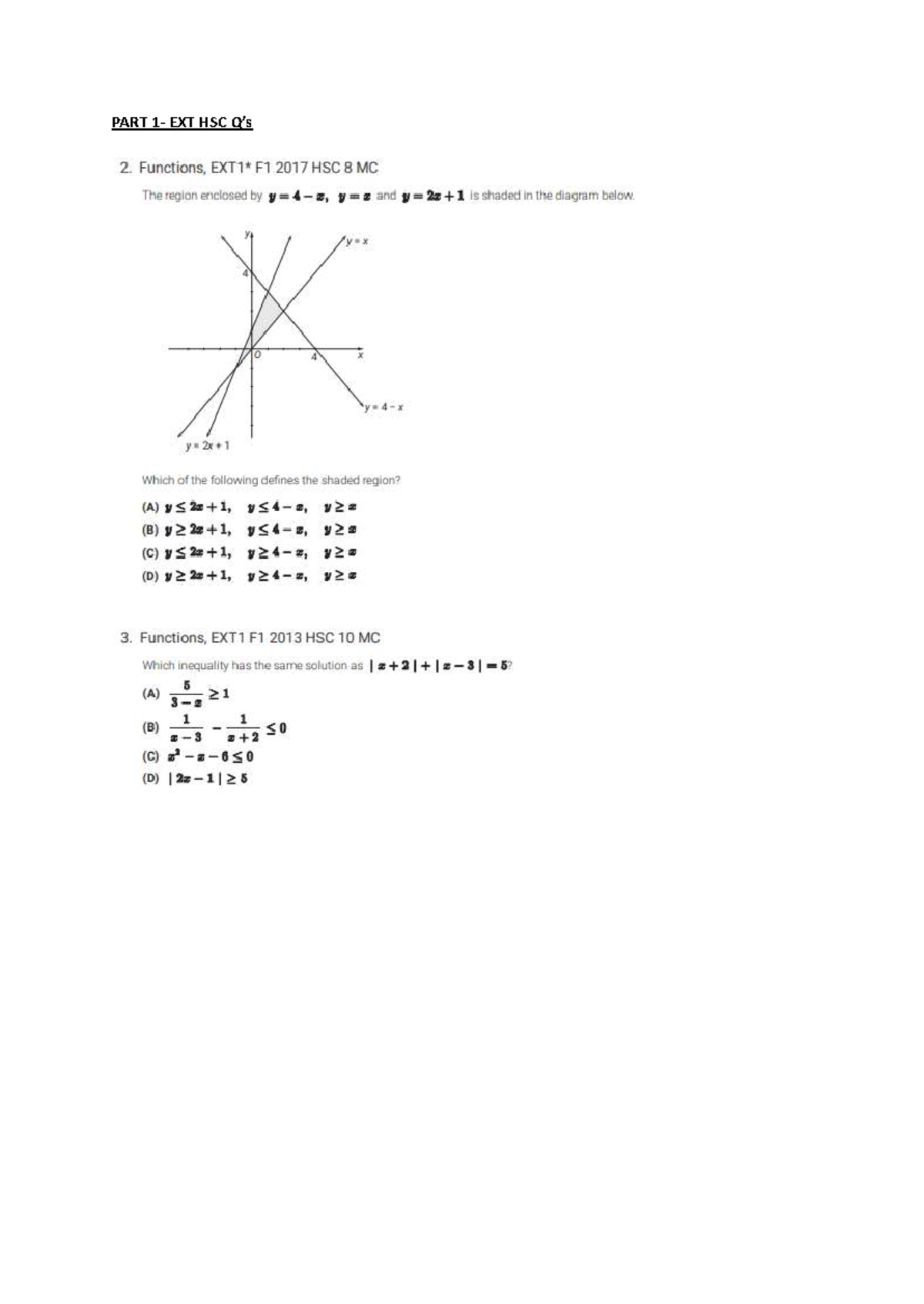 HSC Functions & Algebra Questions - EXT1, 2ADV, F1 - Studocu