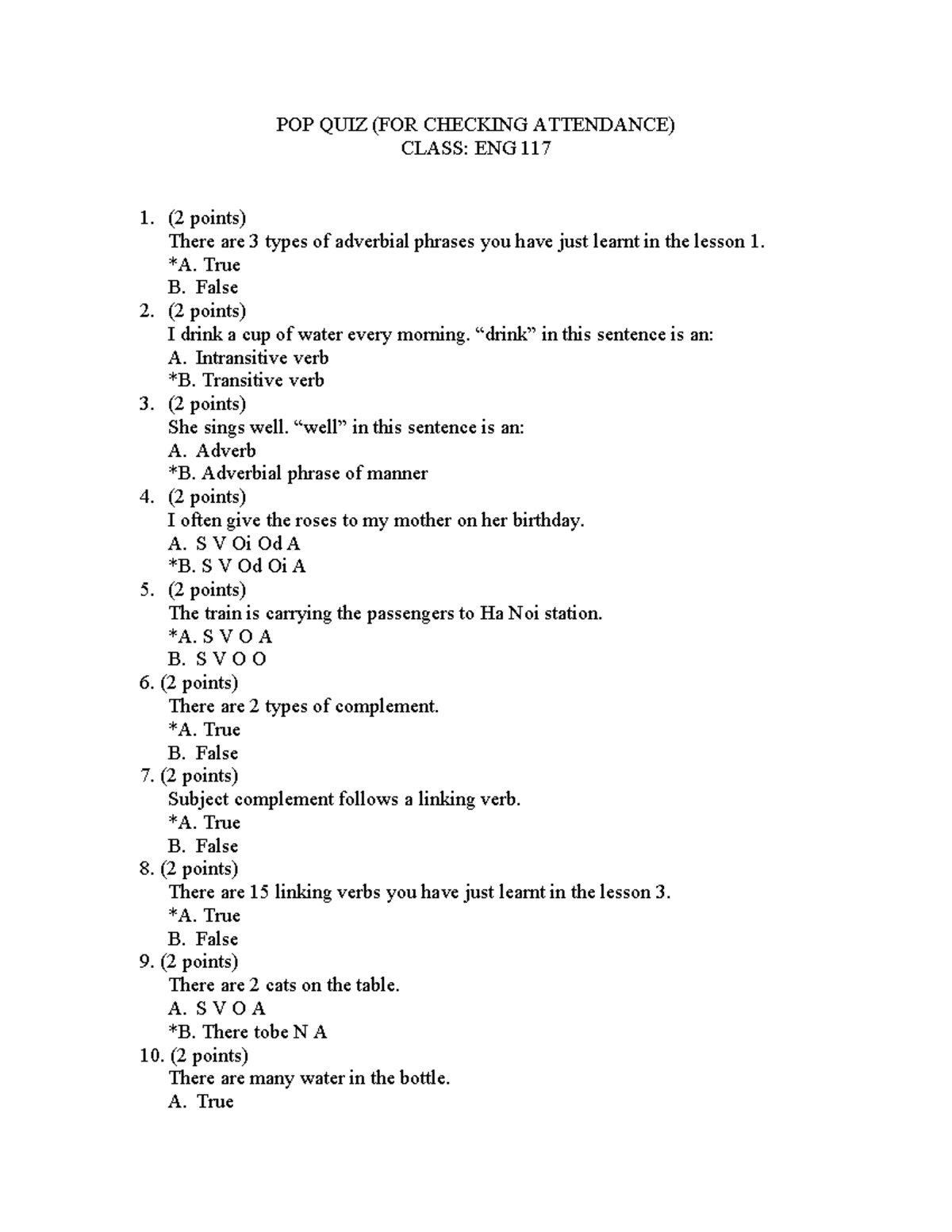 Homework Answer Key - ENG 117 Writing Level 1 Pop Quiz - Studocu