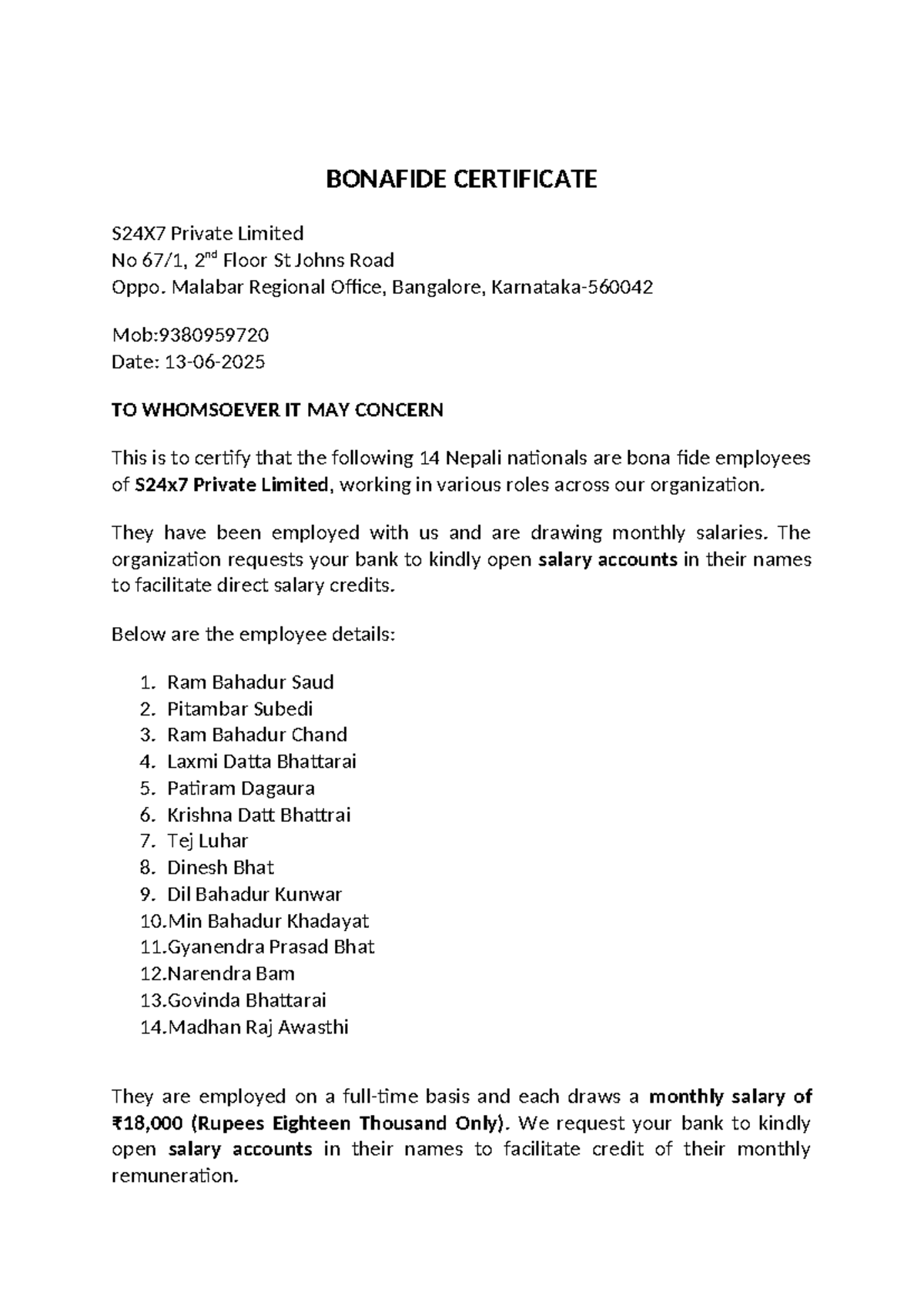 Bona Fide Certificate for Nepali Employees at S24X7 Pvt Ltd - Studocu