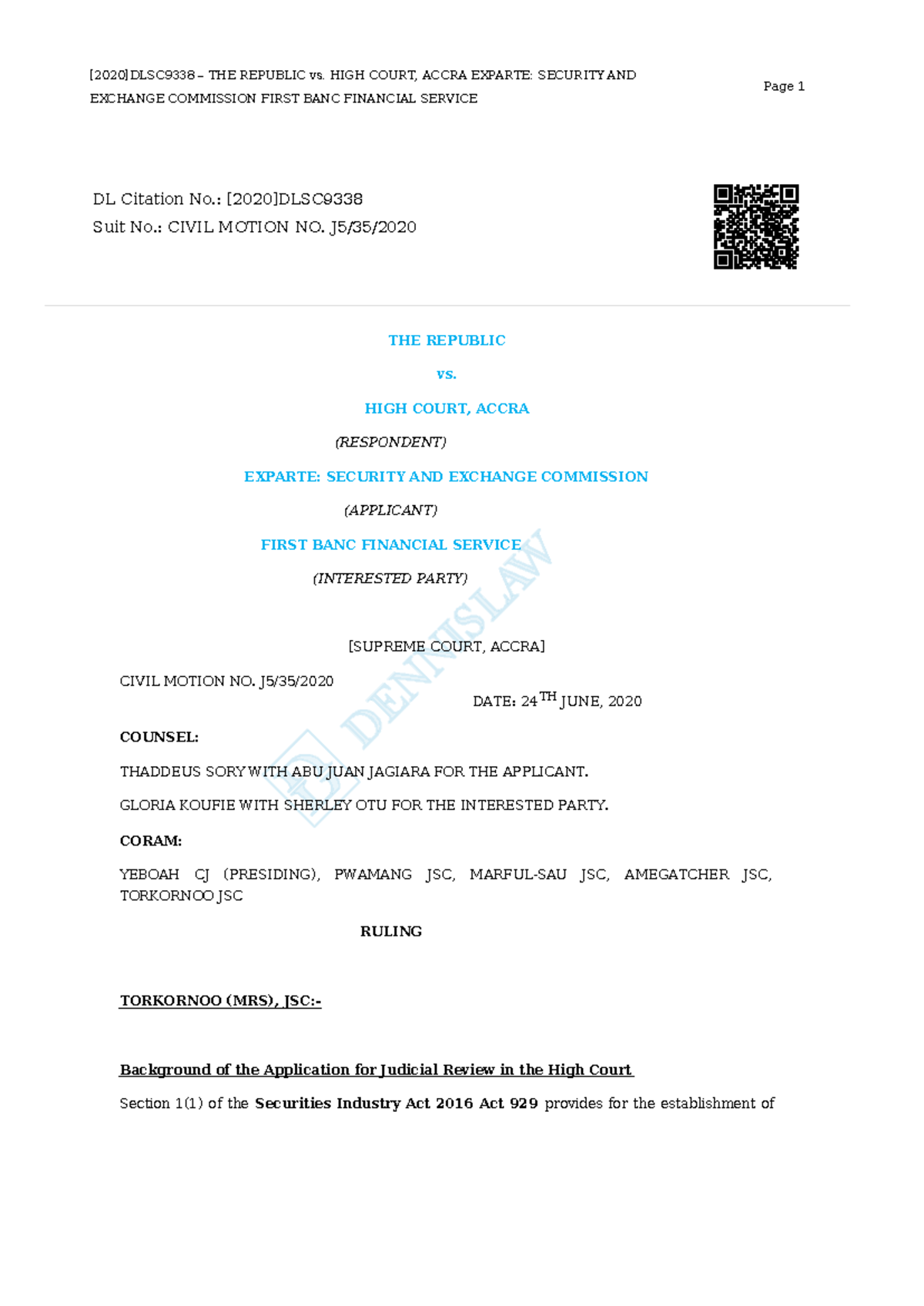 CIVIL MOTION NO. 2020: THE REPUBLIC vs. HIGH COURT, ACCRA - SEC vs ...