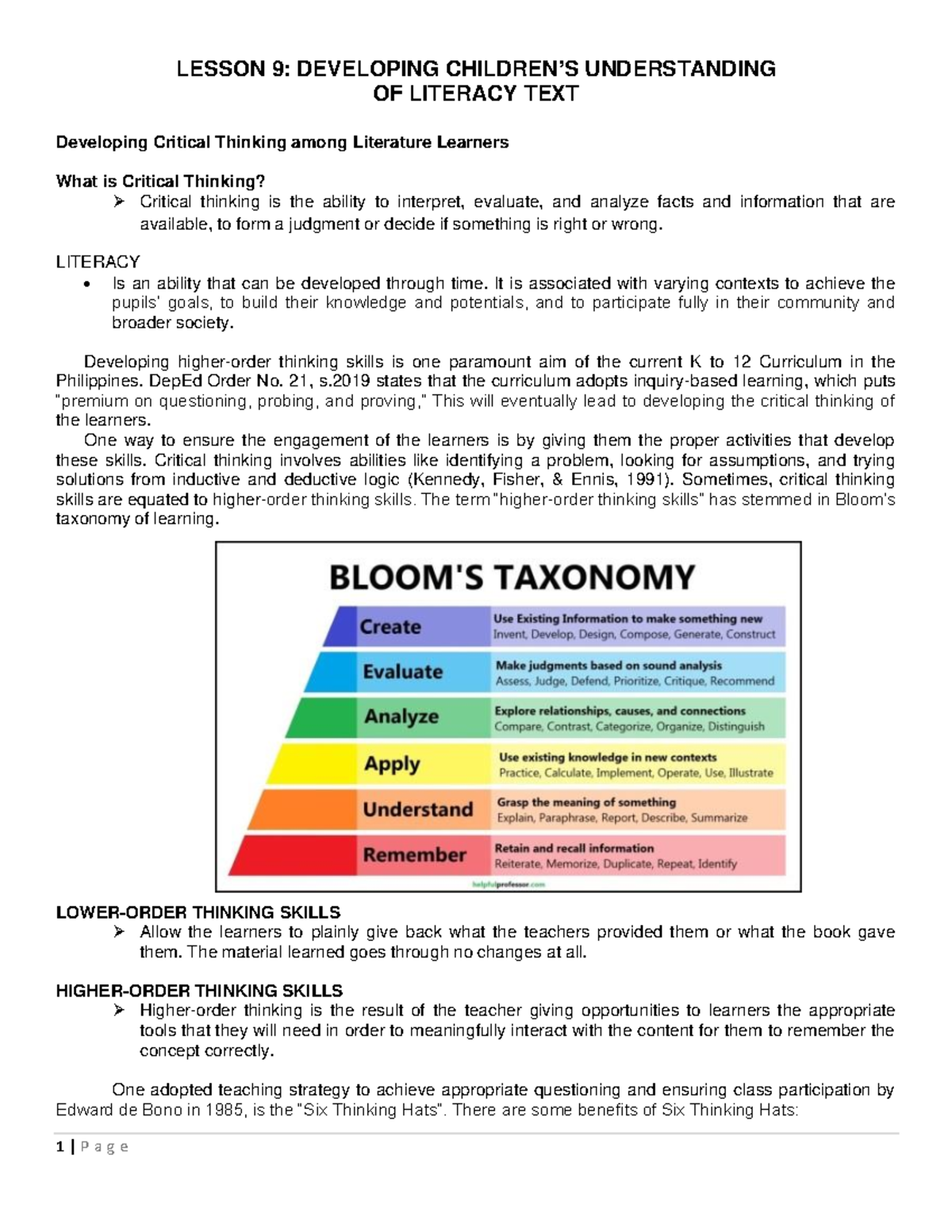 Lesson 9: Enhancing Critical Thinking in Children's Literacy ...