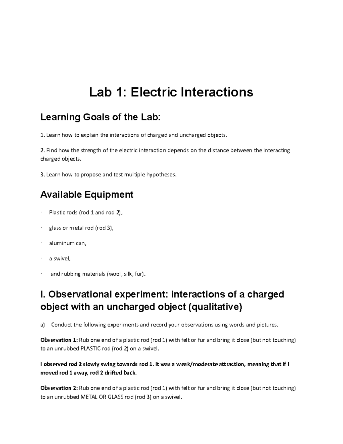 Lab 1: Exploring Electric Interactions and Charged Objects - Studocu