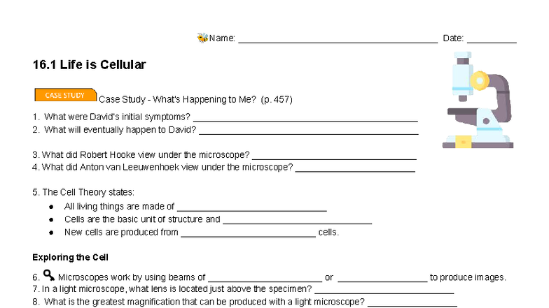 Chapter 16 Reading Guide: Life is Cellular Case Study & Cell Structure ...