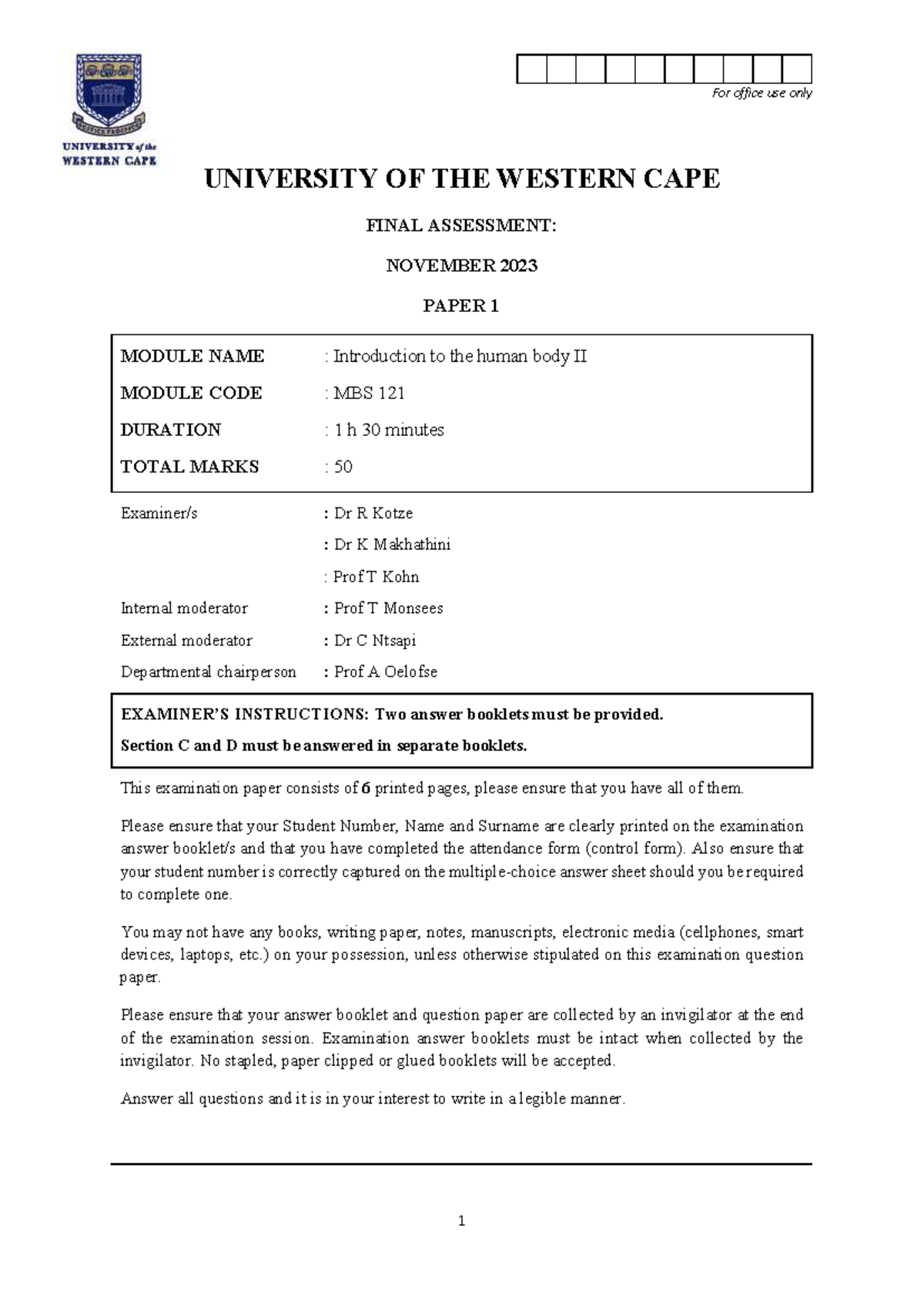 MBS 121 Final Exam: Introduction to the Human Body II - Nov 2023 - Studocu