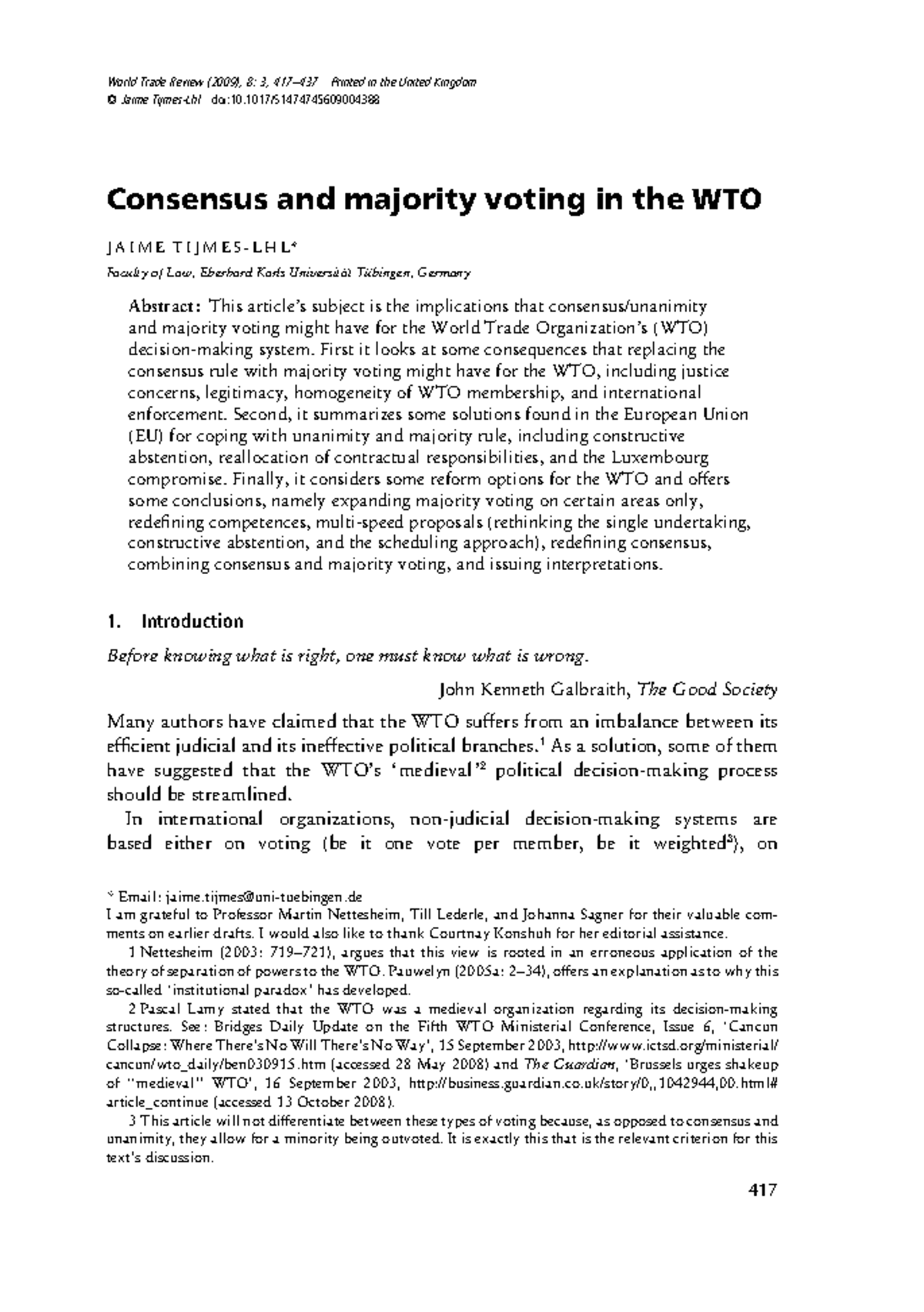 Tijmes - wtr 8-3 - wto consensus and majority voting - Consensus and ...
