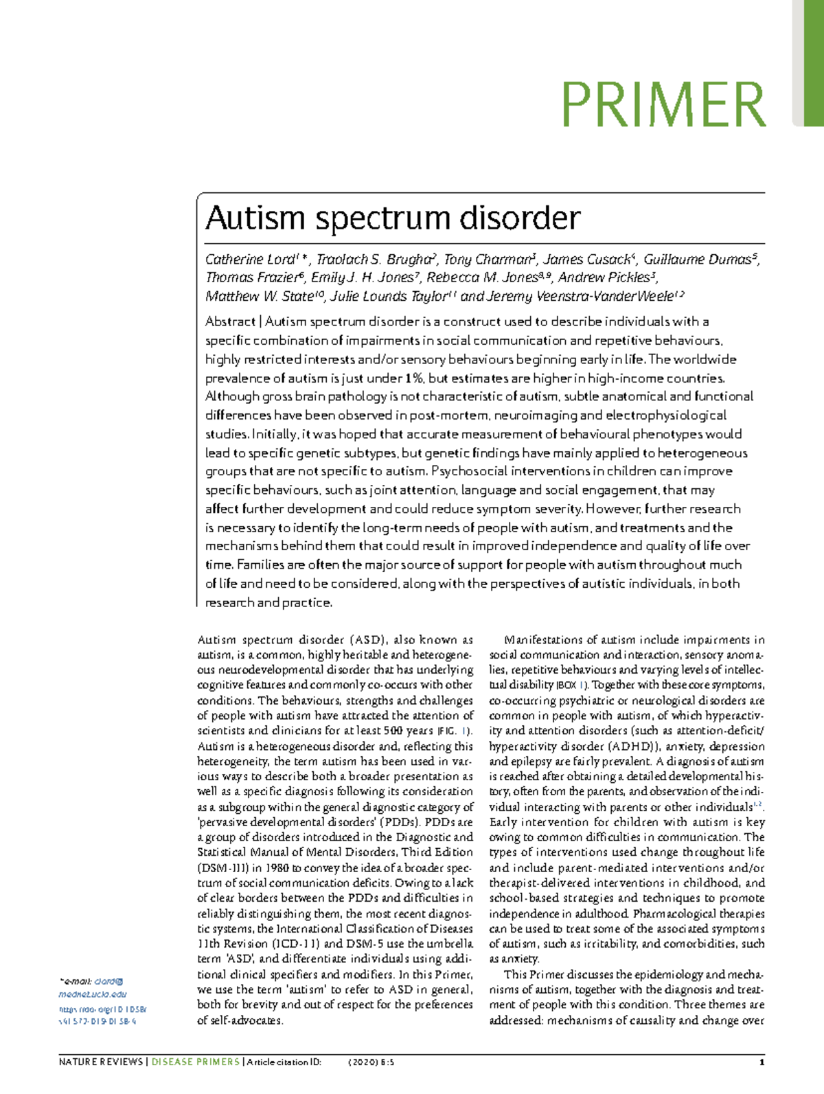 Primer on Autism Spectrum Disorder (ASD): Mechanisms, Diagnosis, and ...