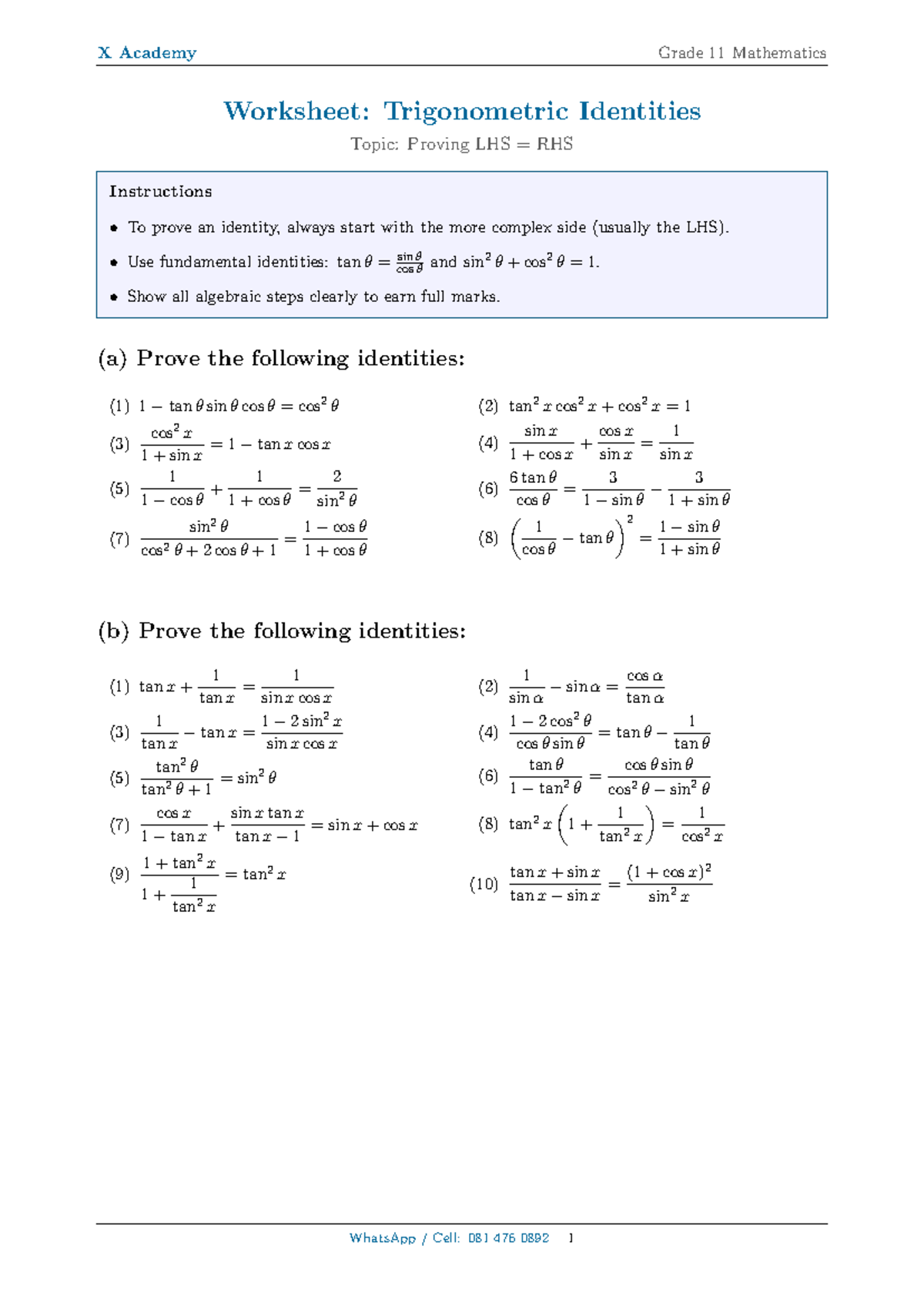 Grade 11 Mathematics W1: Proving Trigonometric Identities - Studocu