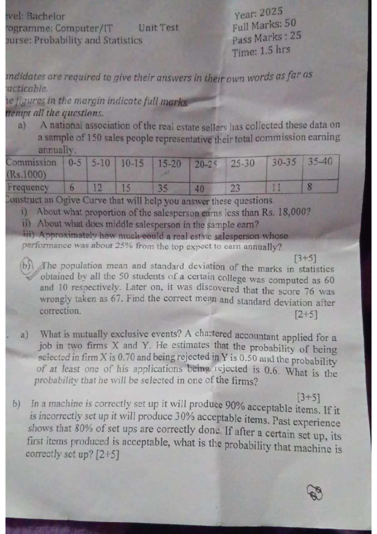 UT Qn Paper: 3rd Sem - Probability & Statistics Unit Test - Studocu