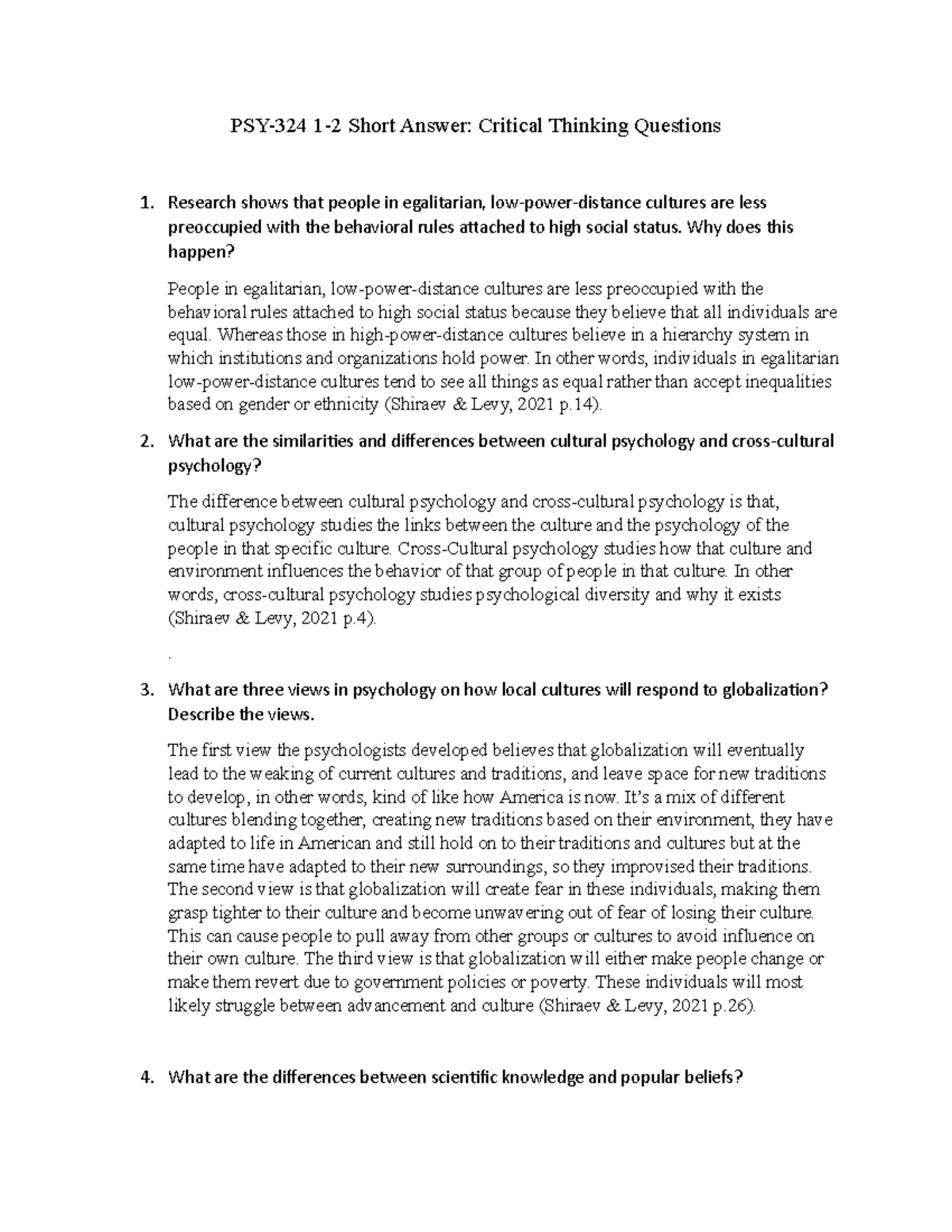 PSY-324 Short Answers for Critical Thinking Exam: Key Concepts ...
