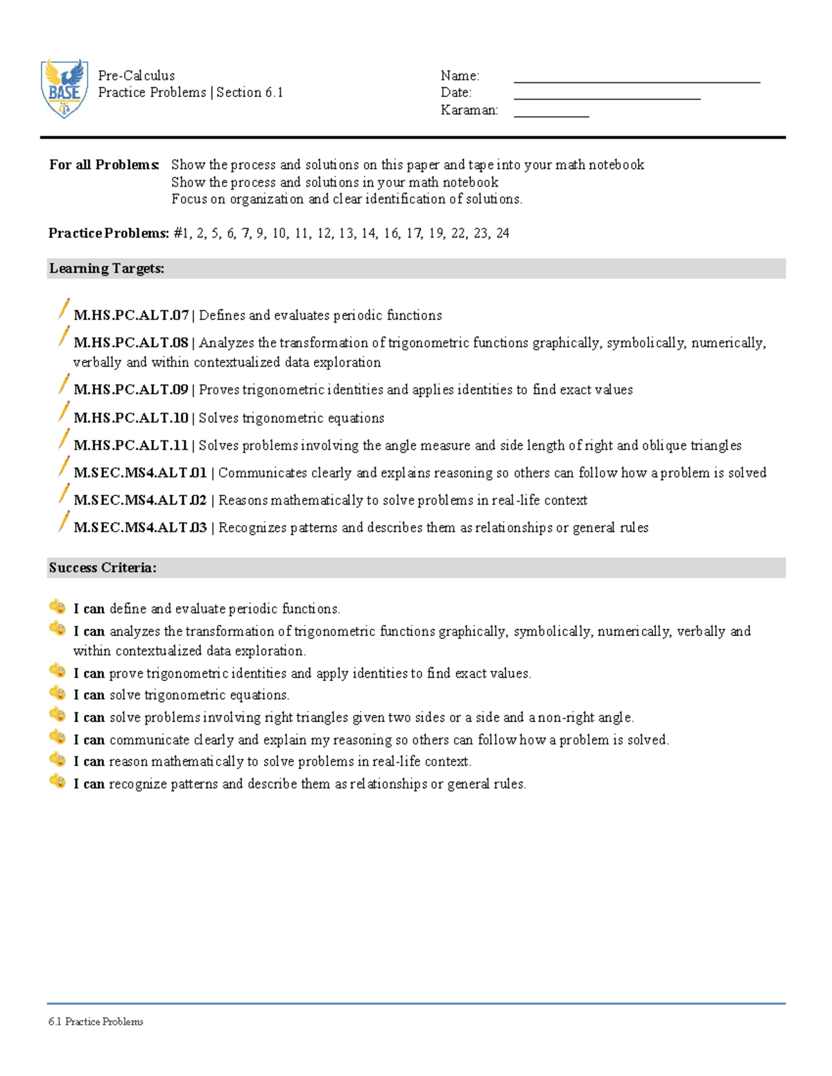 6.1 Practice Problems for Trigonometric Functions and Identities - Studocu