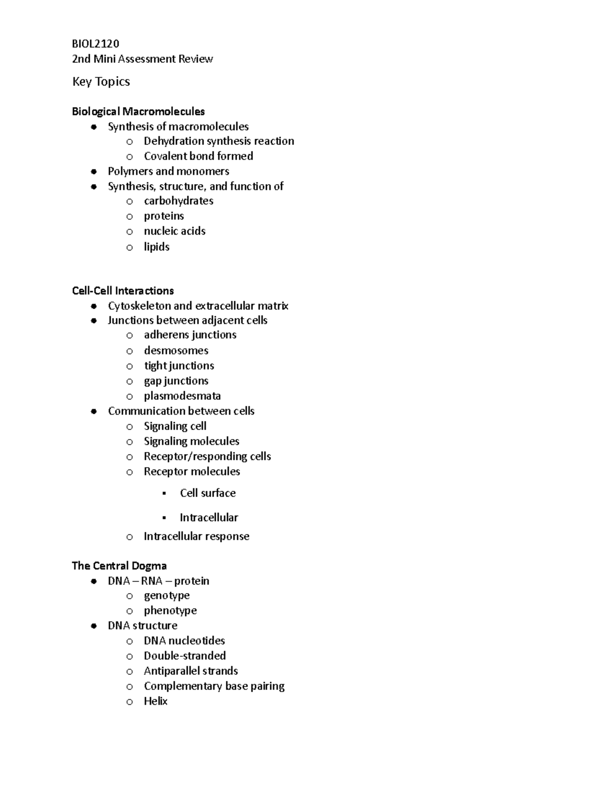 BIOL2120 2nd Mini Assessment Review: Key Topics in Macromolecules - Studocu