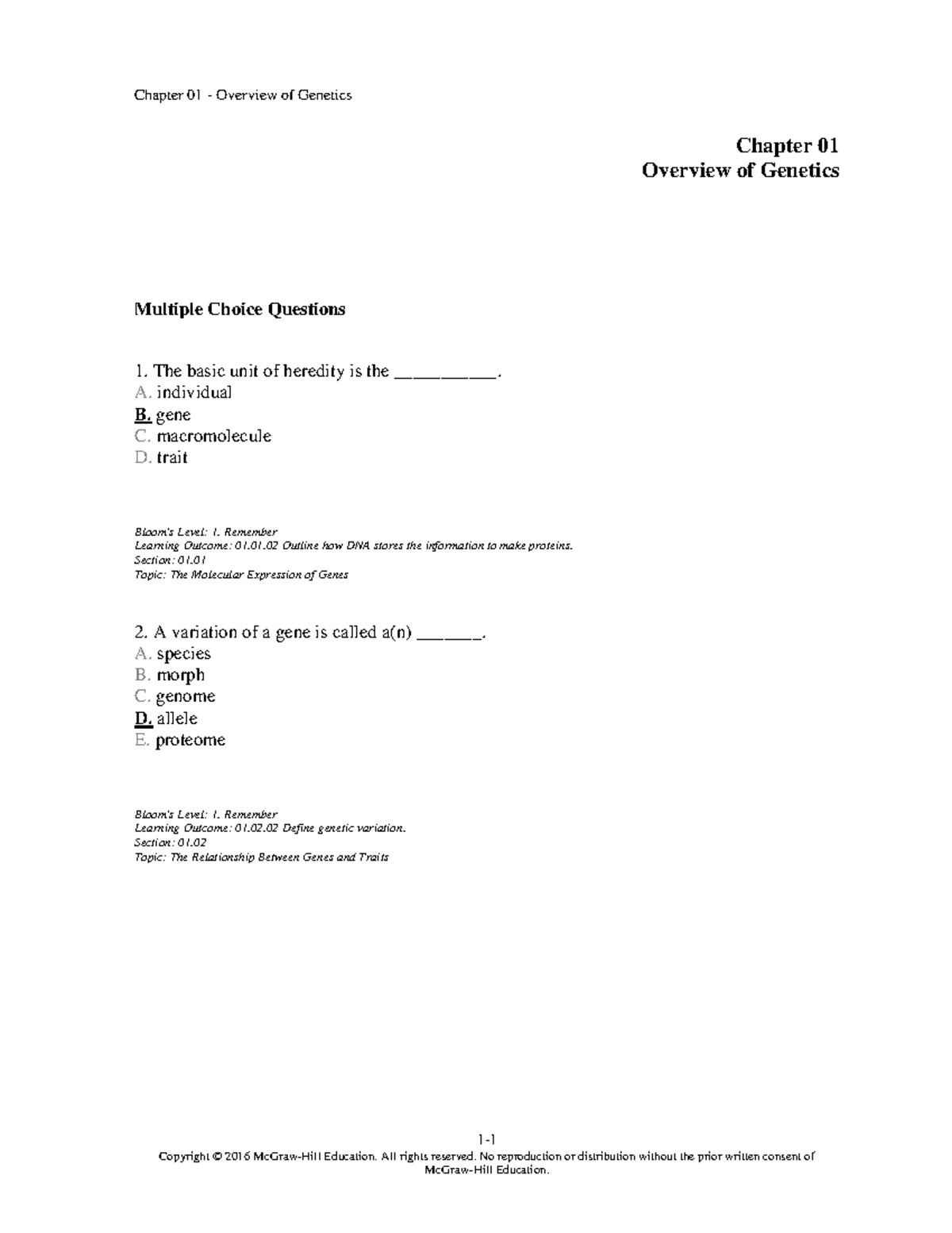 Genetics Overview - Chapter 01 Testbank (Course Code: Chap001) - Studocu