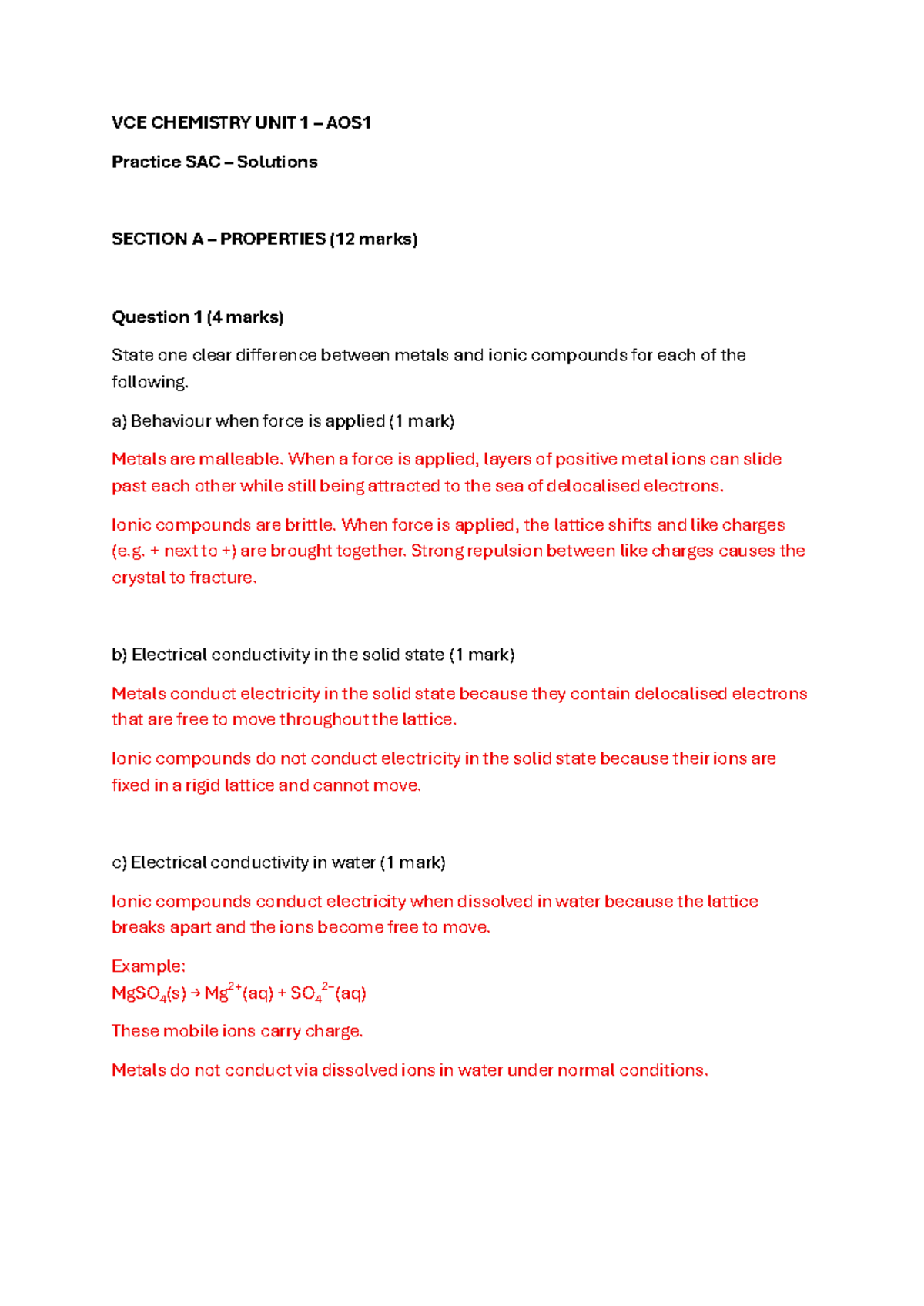 VCE CHEMISTRY UNIT 1 AOS1 Practice SAC Solutions on Metals vs Ionic ...