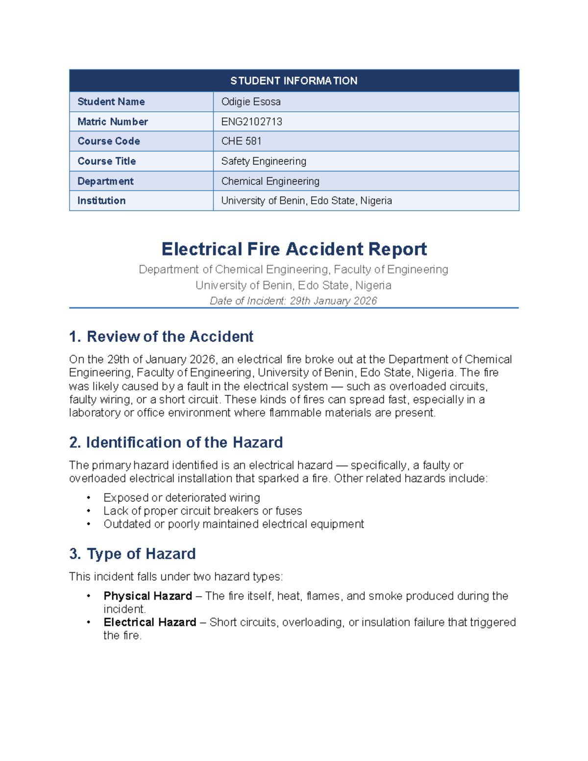 CHE 581 Electrical Fire Incident Report - University of Benin - Studocu