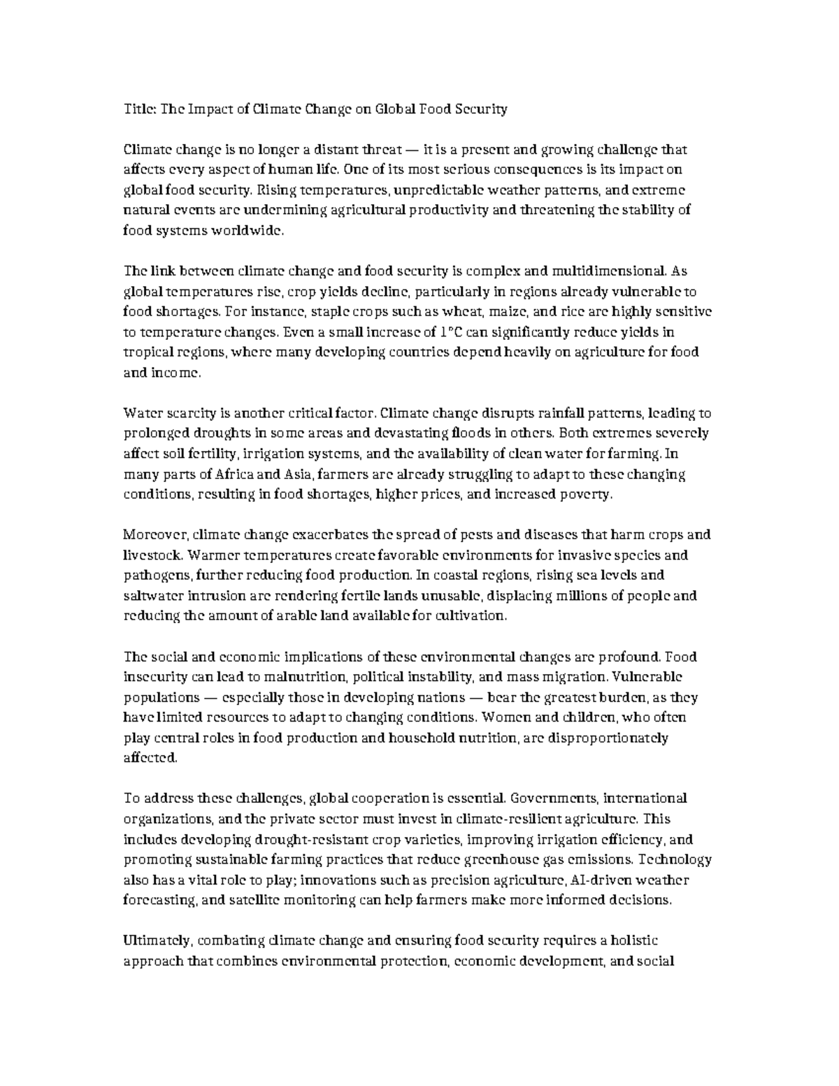 Climate Change and Food Security: Global Impacts and Solutions - Studocu