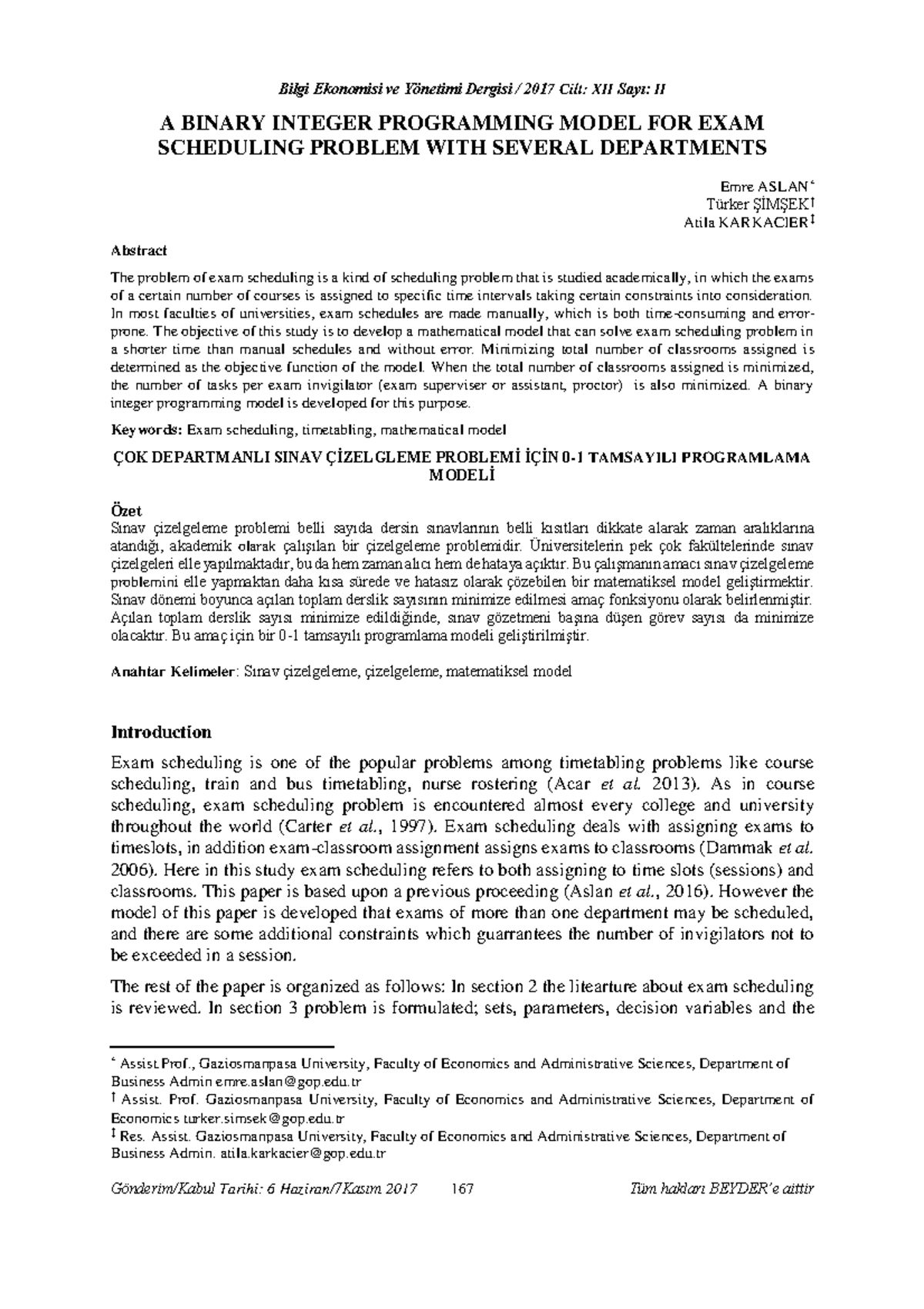 A BINARY INTEGER PROGRAMMING MODEL FOR EXAM SCHEDULING PROBLEM WITH ...