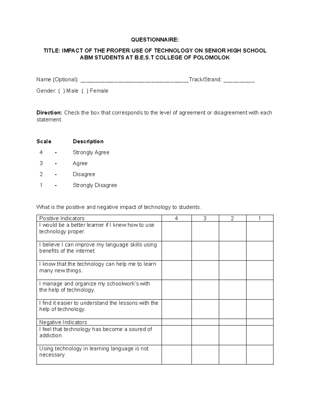 Impact of Technology on Senior High ABM Students - Questionnaire - Studocu