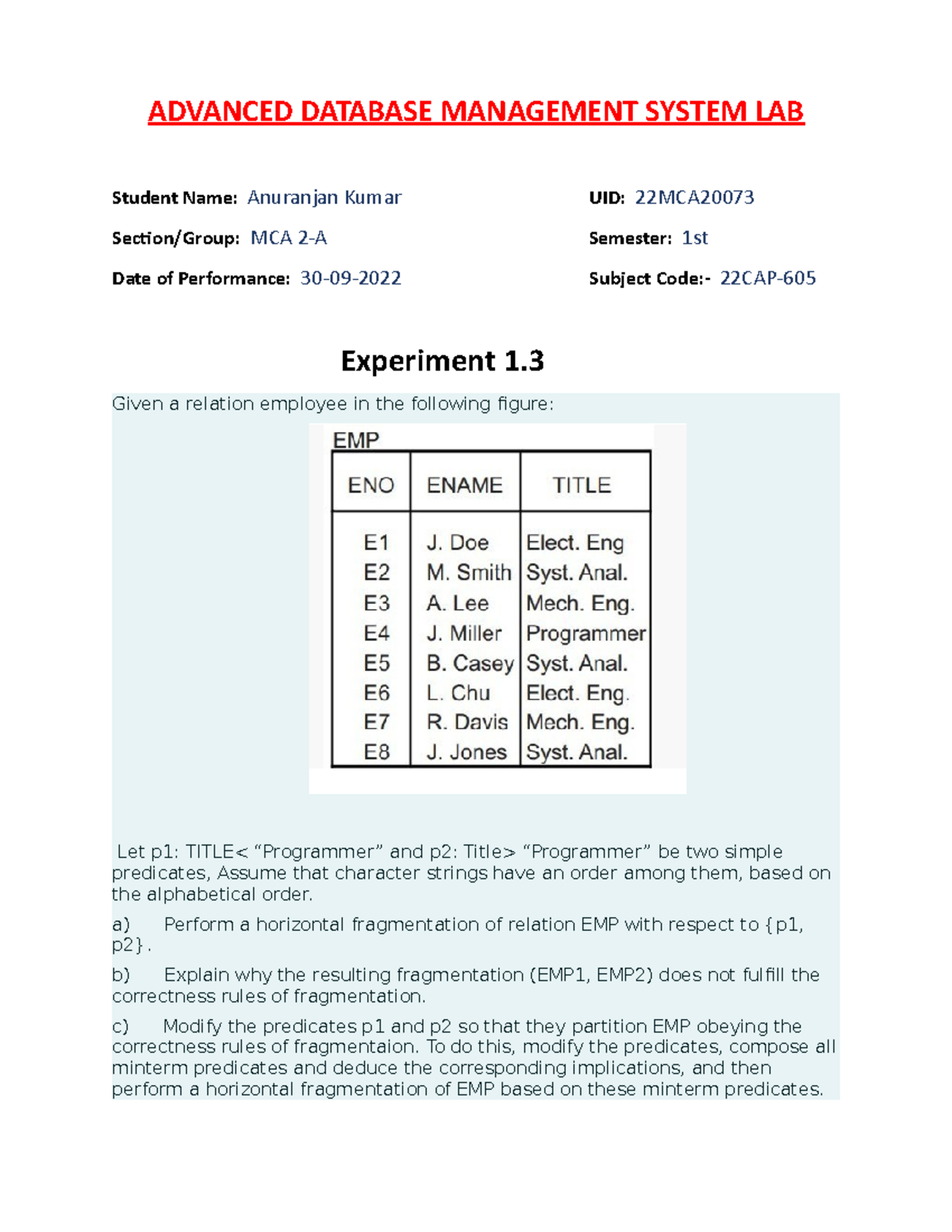 Advanced DBMS Lab Worksheet 1 - Experiment on Fragmentation (22CAP ...