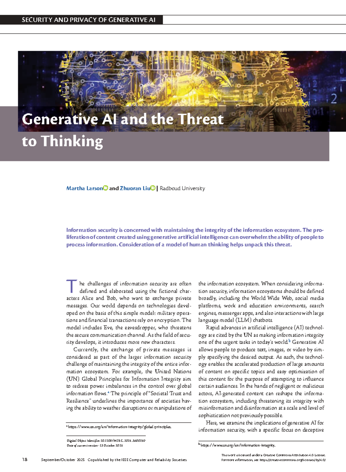 SECURITY AND PRIVACY OF GENERATIVE AI: Implications for Thinking and ...