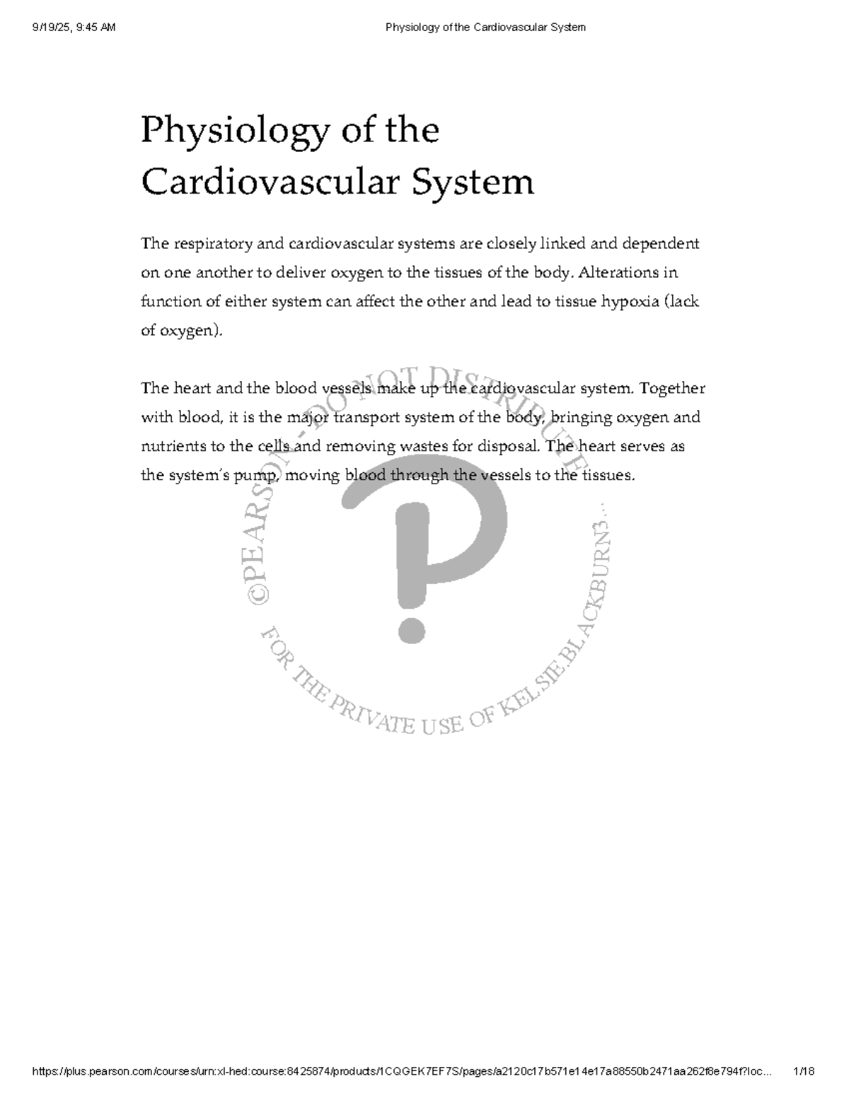 9:45 AM Physiology of the Cardiovascular System - Key Concepts - Studocu