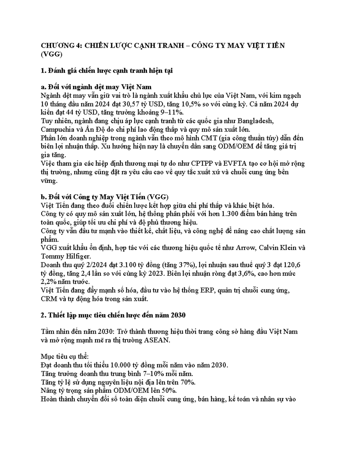 CHƯƠNG 4: ĐÁNH GIÁ VÀ ĐỀ XUẤT CHIẾN LƯỢC CẠNH TRANH CÔNG TY VGG - Studocu