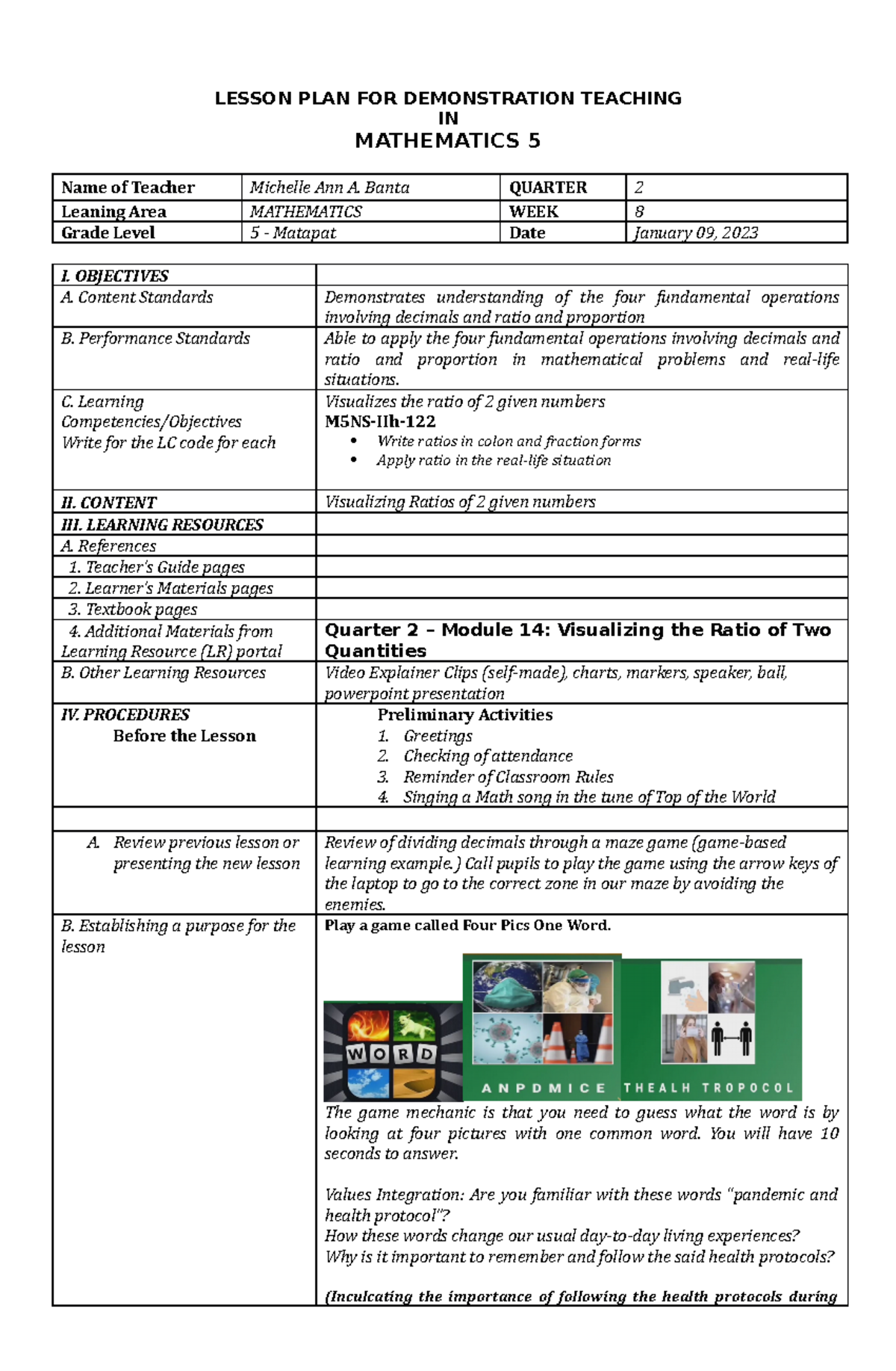 Mathematics 5 Lesson Plan: Visualizing Ratios - Q2 Week 8 - Studocu
