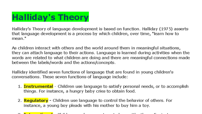Halliday's Theory of Language Development: Functions Explained - Studocu